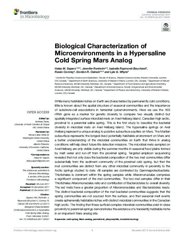 (PDF) Biological Characterization of Microenvironments in a Hypersaline Cold Spring Mars Analog