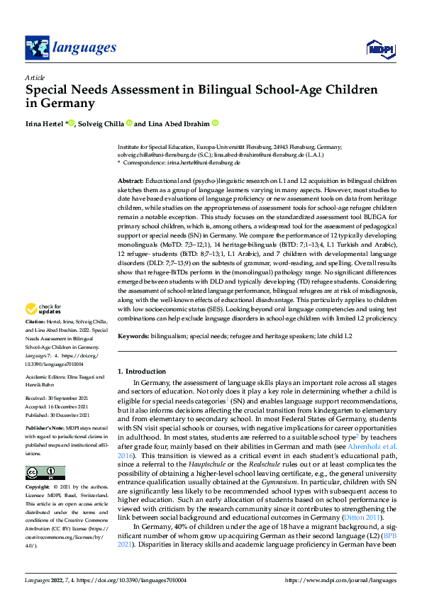 (PDF) Special Needs Assessment in Bilingual School-Age Children in Germany