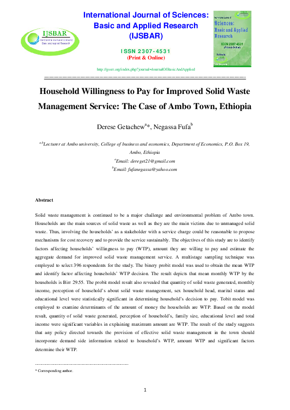 (PDF) Household Willingness to Pay for Improved Solid Waste Management Service: The Case of Ambo ...