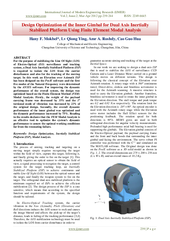 Pdf Design Optimization Of The Inner Gimbal For Dual Axis Inertially