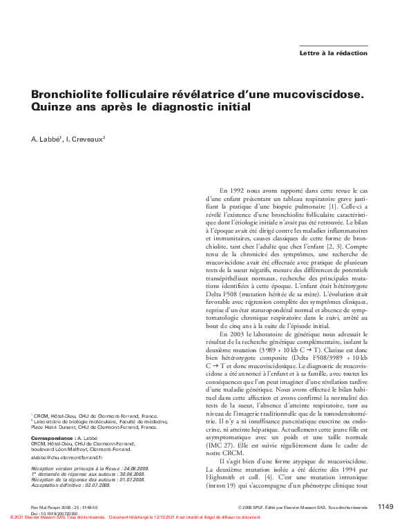 (PDF) Bronchiolite folliculaire révélatrice d’une mucoviscidose. Quinze ...