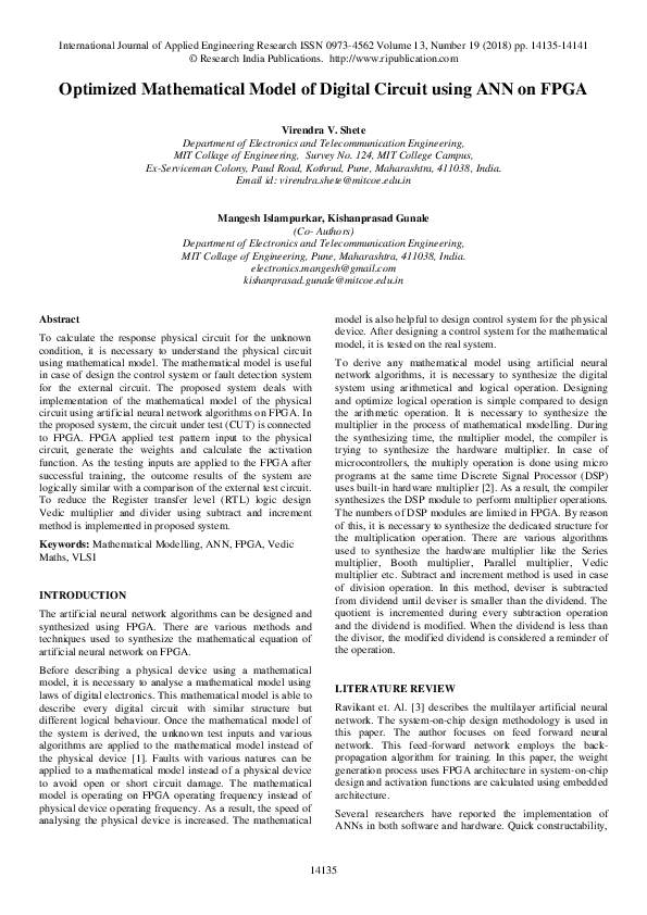 Pdf Optimized Mathematical Model Of Digital Circuit Using Ann On Fpga