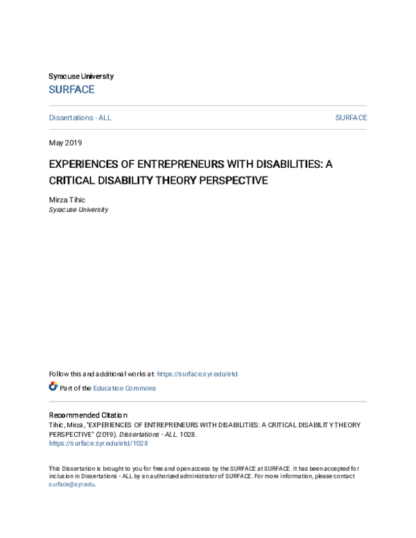 (PDF) Experiences of Entrepreneurs with Disabilities: A Critical ...