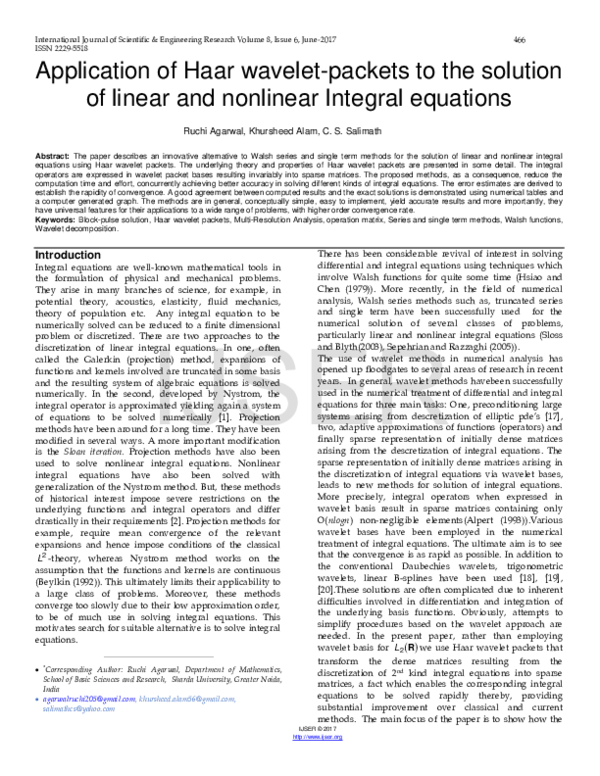 Pdf Application Of Haar Wavelet Packets To The Solution Of Linear And Nonlinear Integral Equations