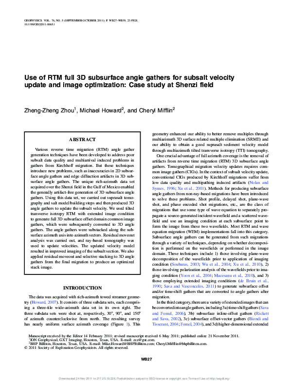 (PDF) Use of RTM full 3D subsurface angle gathers for subsalt velocity ...