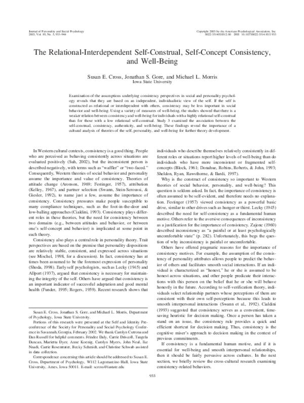 (PDF) The Relational-Interdependent Self-Construal, Self-Concept Consistency, and Well-Being
