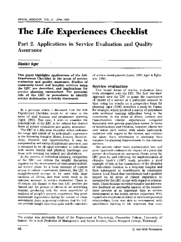 (PDF) The Life Experiences Checklist: Part 2. Applications in Service ...