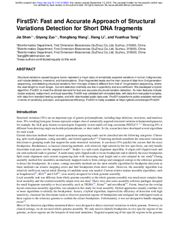 Pdf Firstsv Fast And Accurate Approach Of Structural Variations Detection For Short Dna Fragments