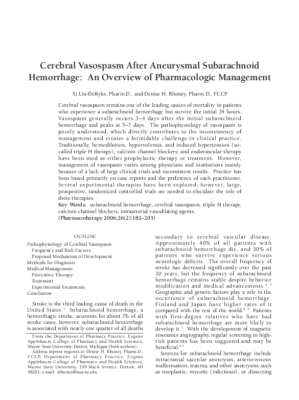 (PDF) Cerebral vasospasm after aneurysmal subarachnoid hemorrhage: An overview of pharmacologic ...