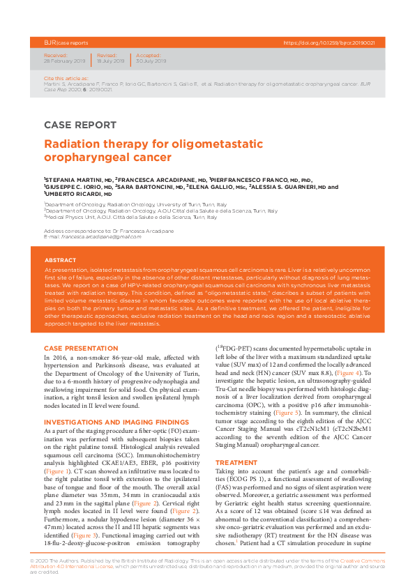 (PDF) Radiation therapy for oligometastatic oropharyngeal cancer