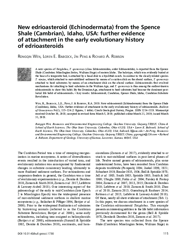 (PDF) New edrioasteroid (Echinodermata) from the Spence Shale (Cambrian ...