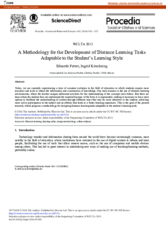 (PDF) A Methodology for the Development of Distance Learning Tasks ...