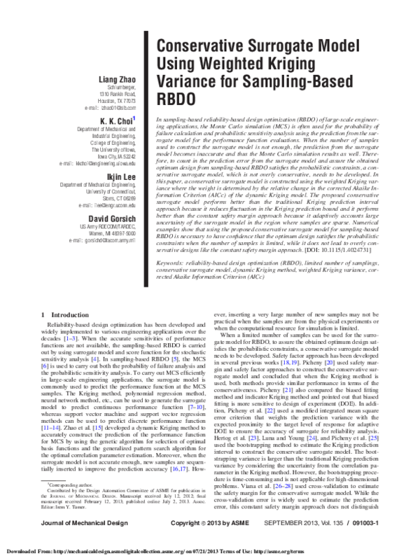 (PDF) Conservative Surrogate Model Using Weighted Kriging Variance for Sampling-Based RBDO