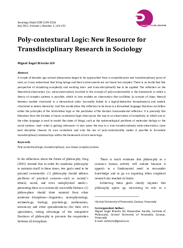 (PDF) Polycontextural Logic: New Resource for Transdisciplinary Research in Sociology