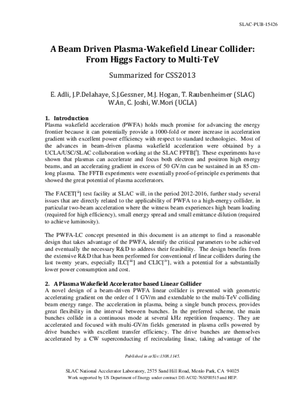 (PDF) A Beam Driven Plasma-Wakefield Linear Collider: From Higgs Factory to Multi-TeV