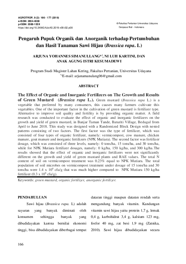(PDF) Pengaruh Pupuk Organik dan Anorganik terhadap Pertumbuhan dan Hasil Tanaman Sawi Hijau ...
