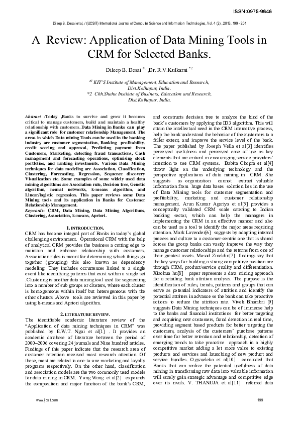 (PDF) A Review : Application of Data Mining Tools in CRM for Selected Banks