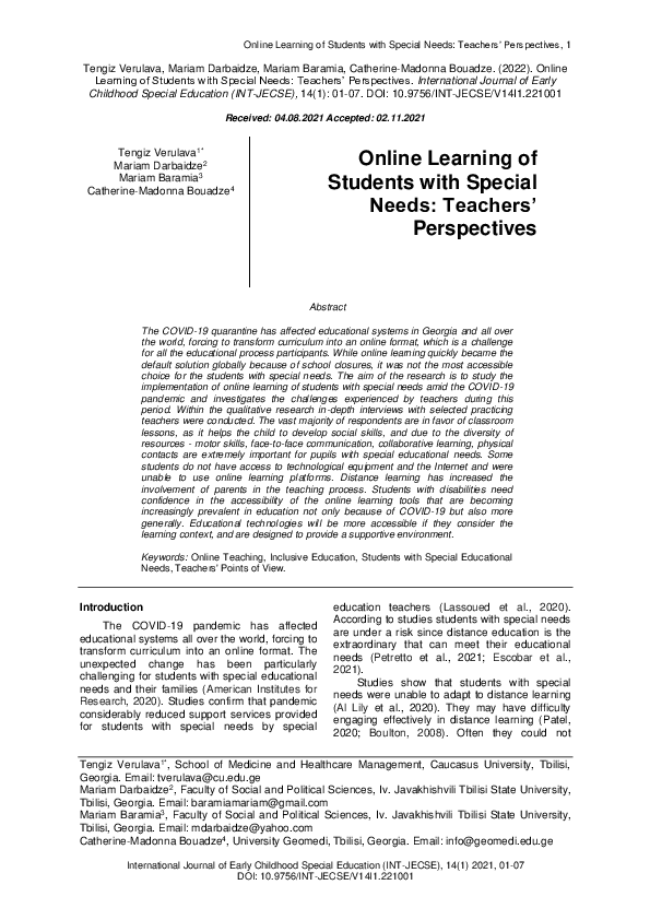 (PDF) Challenges of Online Learning for Special Needs