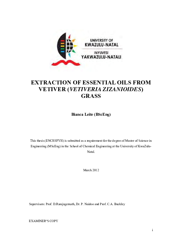 (PDF) Extraction of essential oils from vetiver (vetiveria zizanioides ...