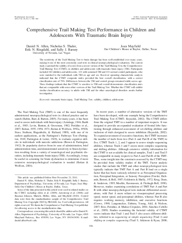 (PDF) Comprehensive Trail Making Test performance in children and ...