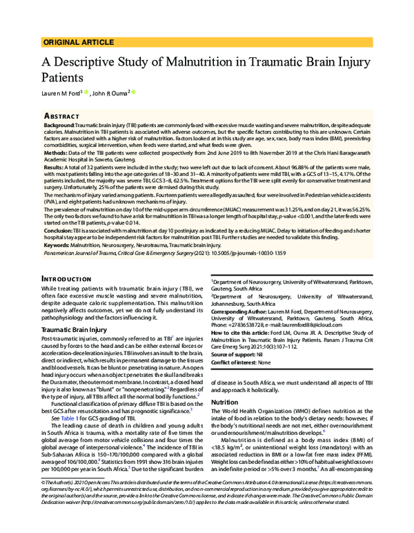 (PDF) A Descriptive Study of Malnutrition in Traumatic Brain Injury ...
