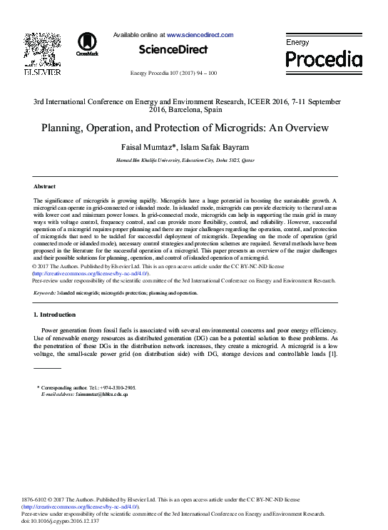 (PDF) Planning, Operation, and Protection of Microgrids: An Overview