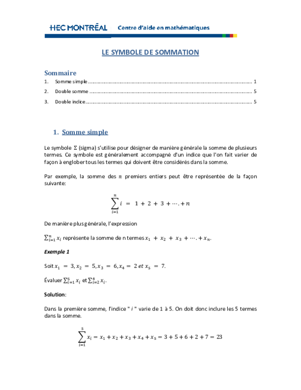 (PDF) LE SYMBOLE DE SOMMATION Sommaire