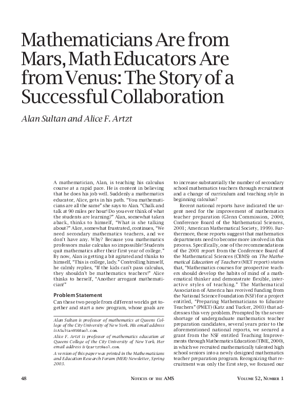 (PDF) Mathematicians Are from Mars, Math Educators Are from Venus: The ...