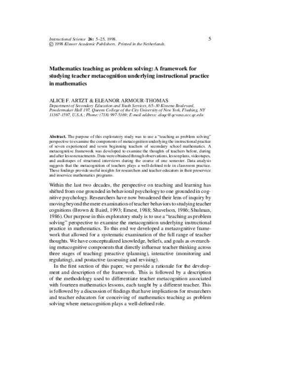 (PDF) Mathematics teaching as problem solving: A framework for studying teacher metacognition ...
