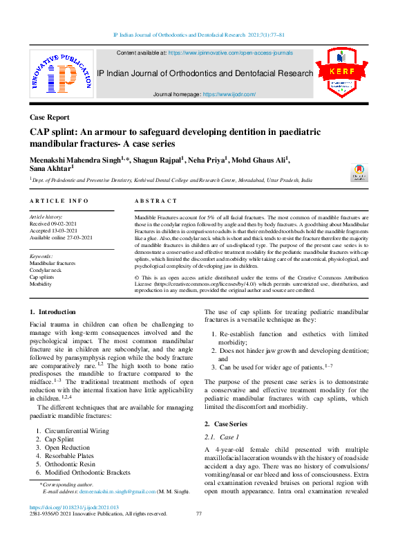 (PDF) CAP splint: An armour to safeguard developing dentition in ...