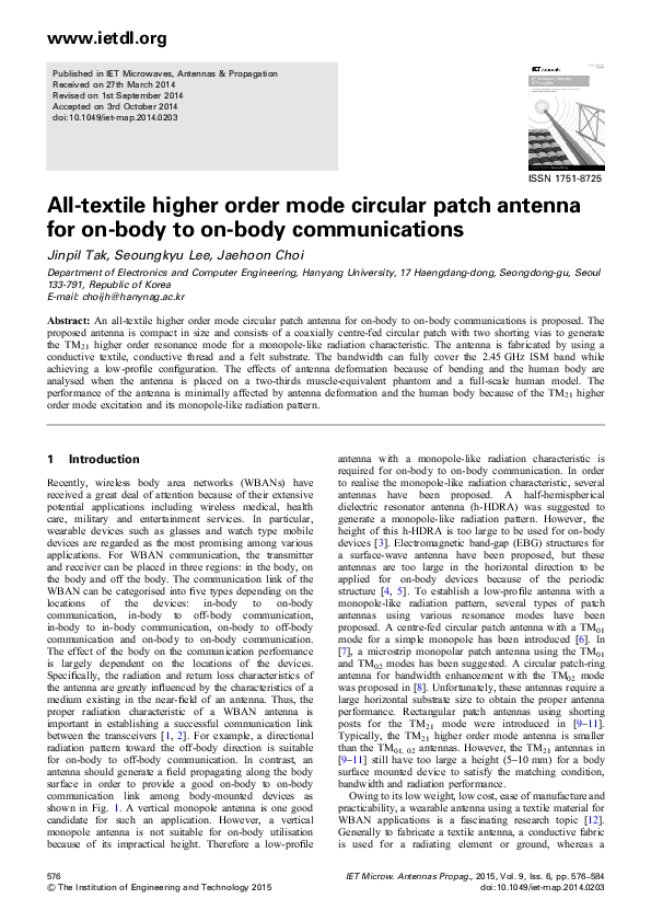 (PDF) All-textile higher order mode circular patch antenna for on-body ...
