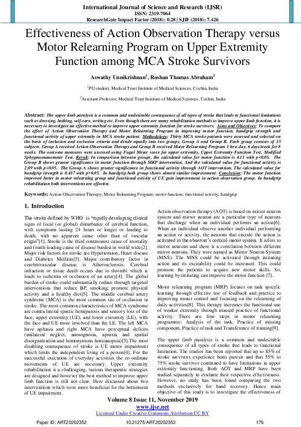 (PDF) Effectiveness of Action Observation Therapy versus Motor Relearning Program on Upper ...