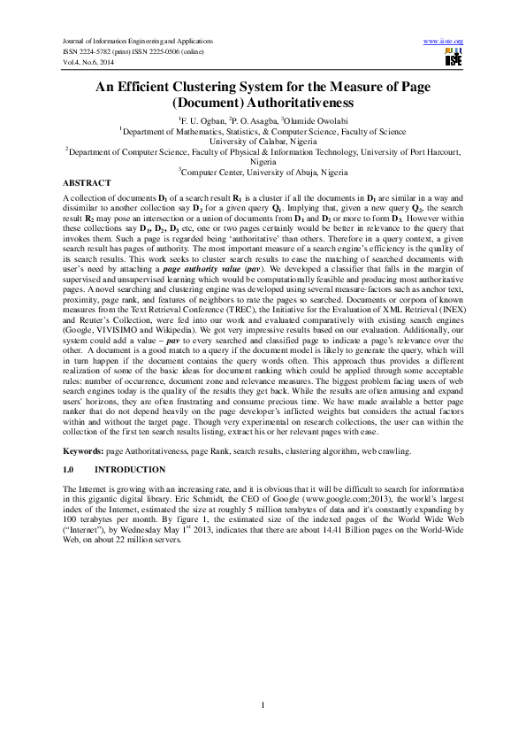 (PDF) 1 An Efficient Clustering System for the Measure of Page