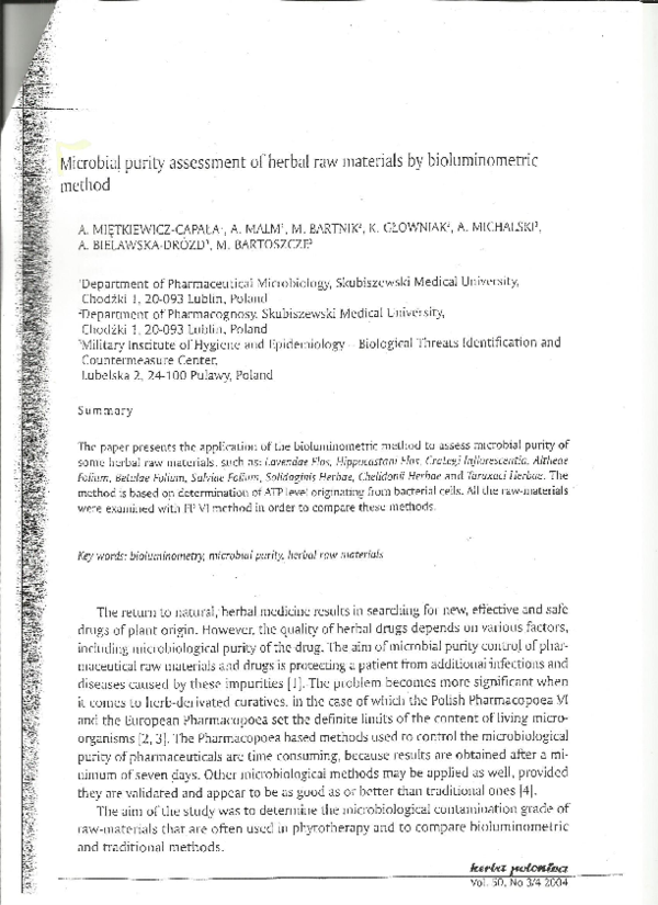 (PDF) Microbial purity assessment of herbal raw materials by bioluminometric method | Aleksander ...