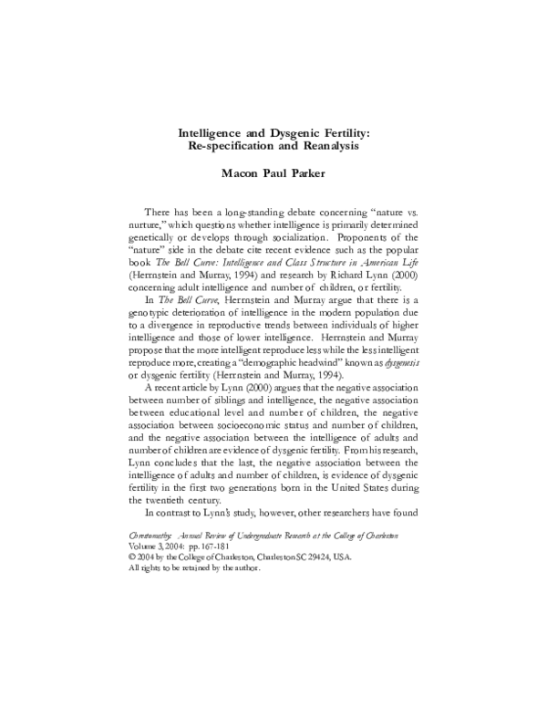 (PDF) Intelligence and Dysgenic Fertility: Re-specification and Reanalysis