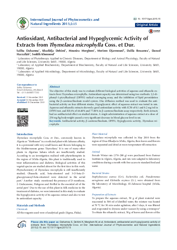 (PDF) Antioxidant, Antibacterial and Hypoglycemic Activity of Extracts ...