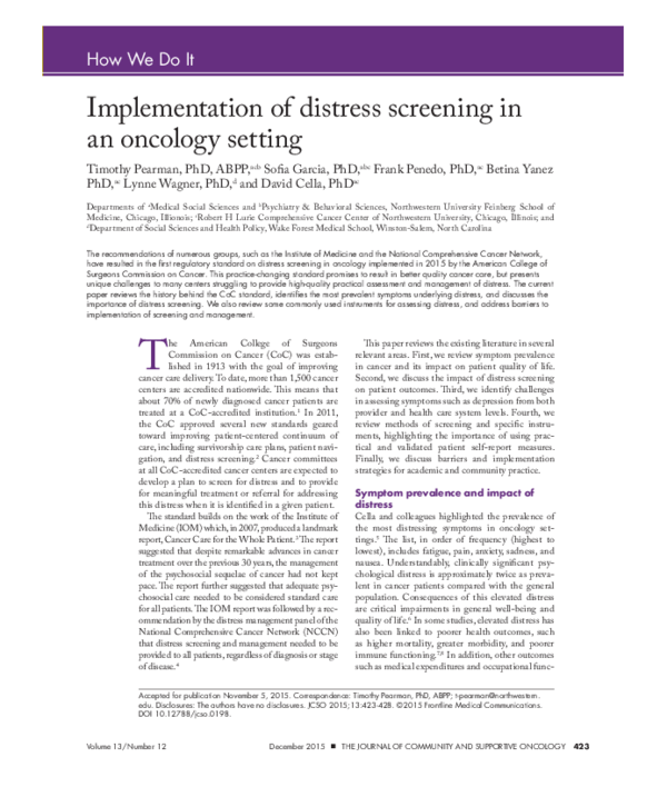 (PDF) Implementation of distress screening in an oncology setting