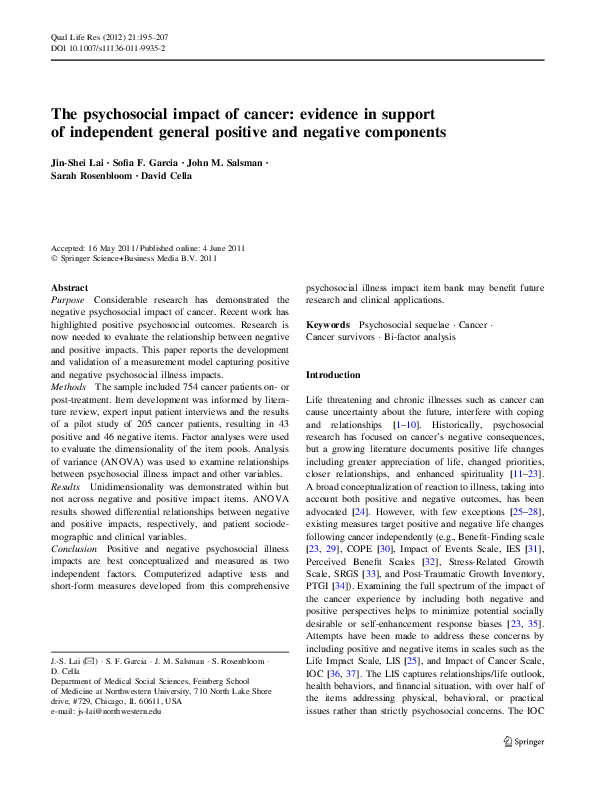 (PDF) The psychosocial impact of cancer: evidence in support of ...