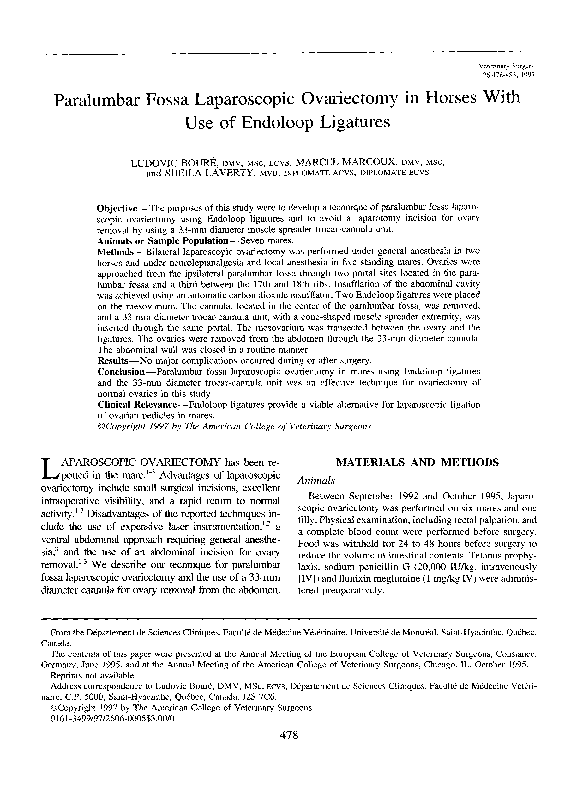 (PDF) Paralumbar fossa laparoscopic ovariectomy in horses with use of ...