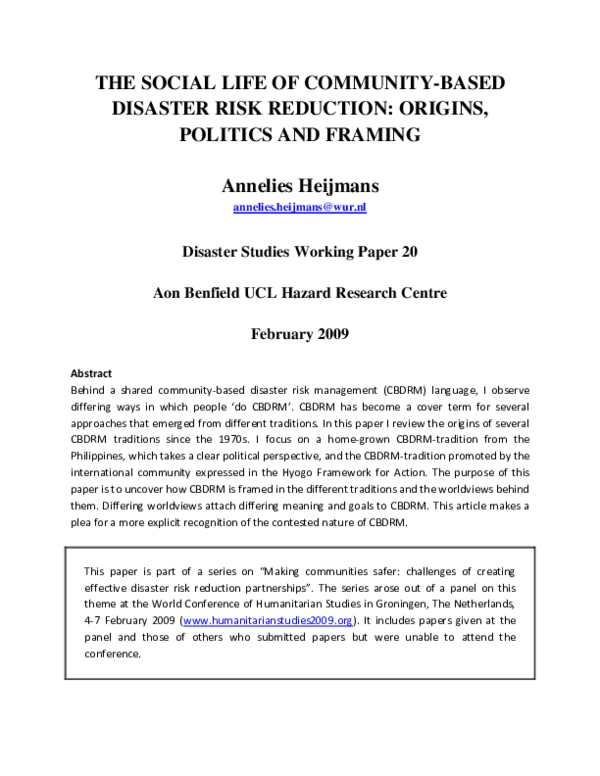 (PDF) The Social Life of Community-Based Disaster Risk Management ...
