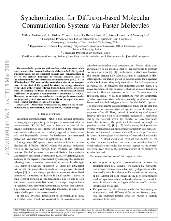 Pdf Joint Synchronization And Symbol Detection For Diffusion Based Molecular Communication Systems
