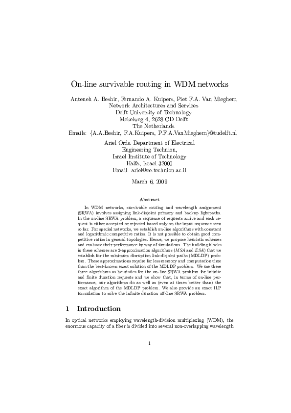 (PDF) On-line survivable routing in WDM networks | ahmed beshir - Academia.edu