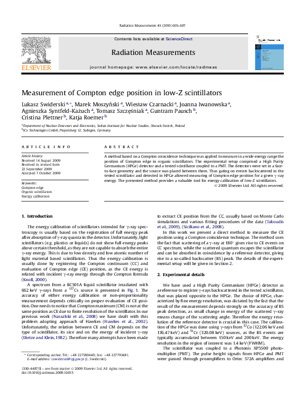 (PDF) Measurement of Compton edge position in low-Z scintillators
