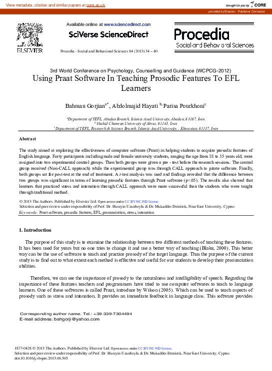 (PDF) Using Praat Software in Teaching Prosodic Features to EFL Learners