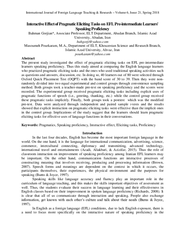 (PDF) Interactive Effect of Pragmatic Eliciting Tasks on EFL Pre ...