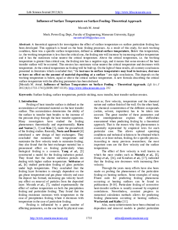 (PDF) Influence of Surface Temperature on Surface Fouling-Theoretical ...