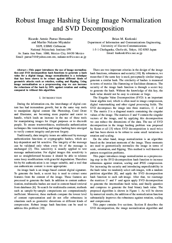 (PDF) Robust image hashing using image normalization and SVD decomposition