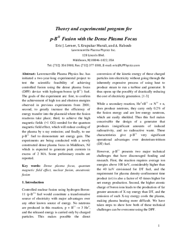 (PDF) Theory and Experimental Program for p-B11 Fusion with the Dense ...