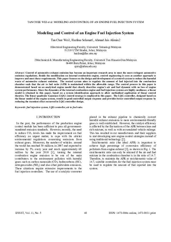 (PDF) Modeling and Control of an Engine Fuel Injection System