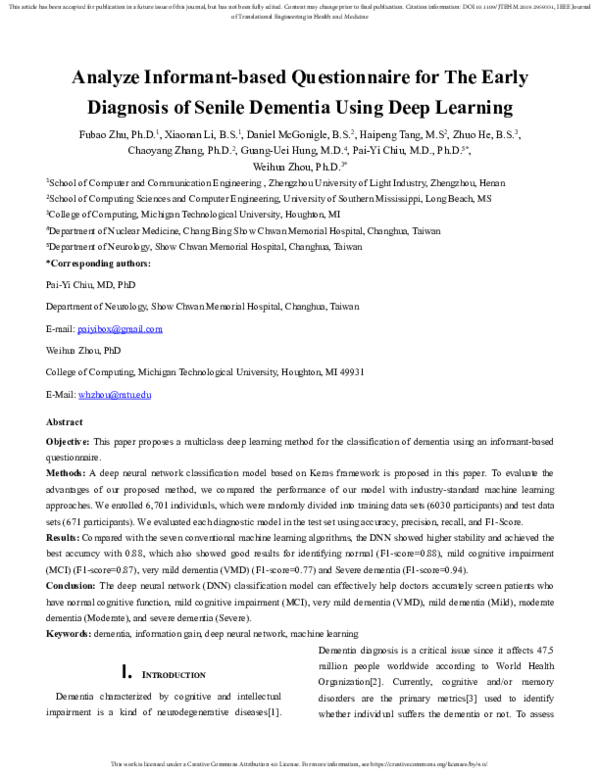 (PDF) Analyze Informant-based Questionnaire for The Early Diagnosis of Senile Dementia Using ...